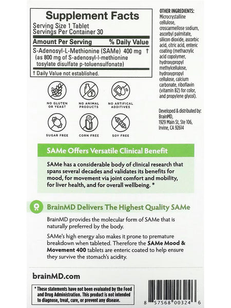 BrainMD, SAMe Mood & Movement 400, 30 Enteric Coated tablets – Herbs Direct