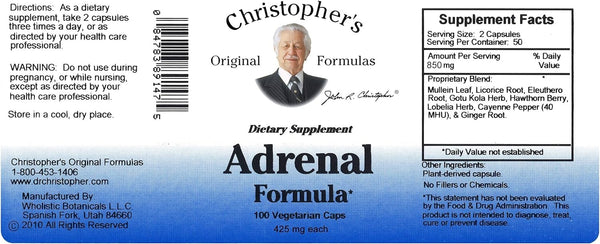 Christopher's Original Formulas, Adrenal Formula, 100 Vegetarian Caps – Herbs Direct