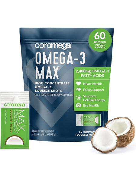 Coromega, MAX Omega-3 Coconut Bliss Bag, 60 Individual Squeeze Packets ...